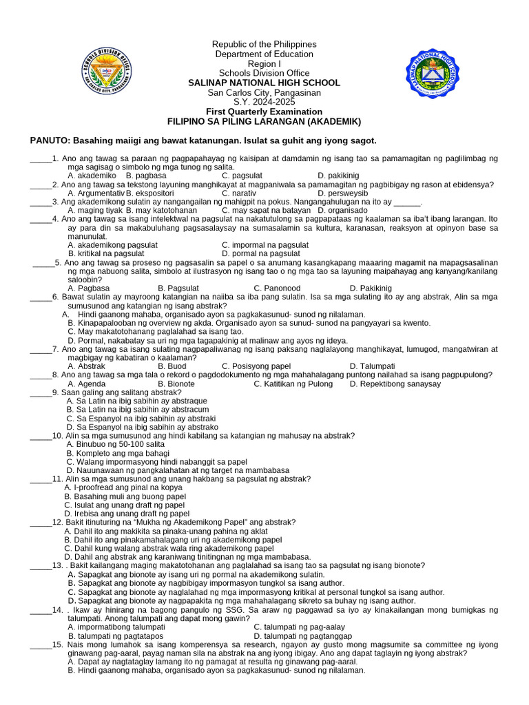 FPL 1st Quarterly Exam | PDF