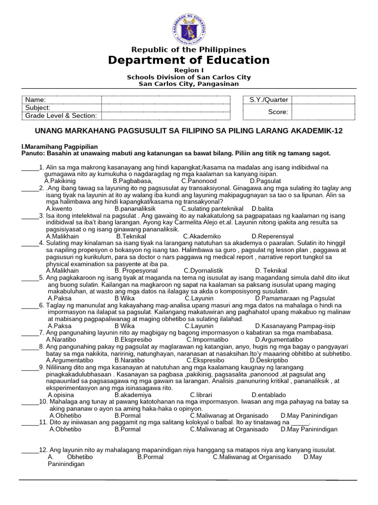 Q1 TQ Filipino Sa Piling Larang 12 Akademik 2024 1Q | PDF