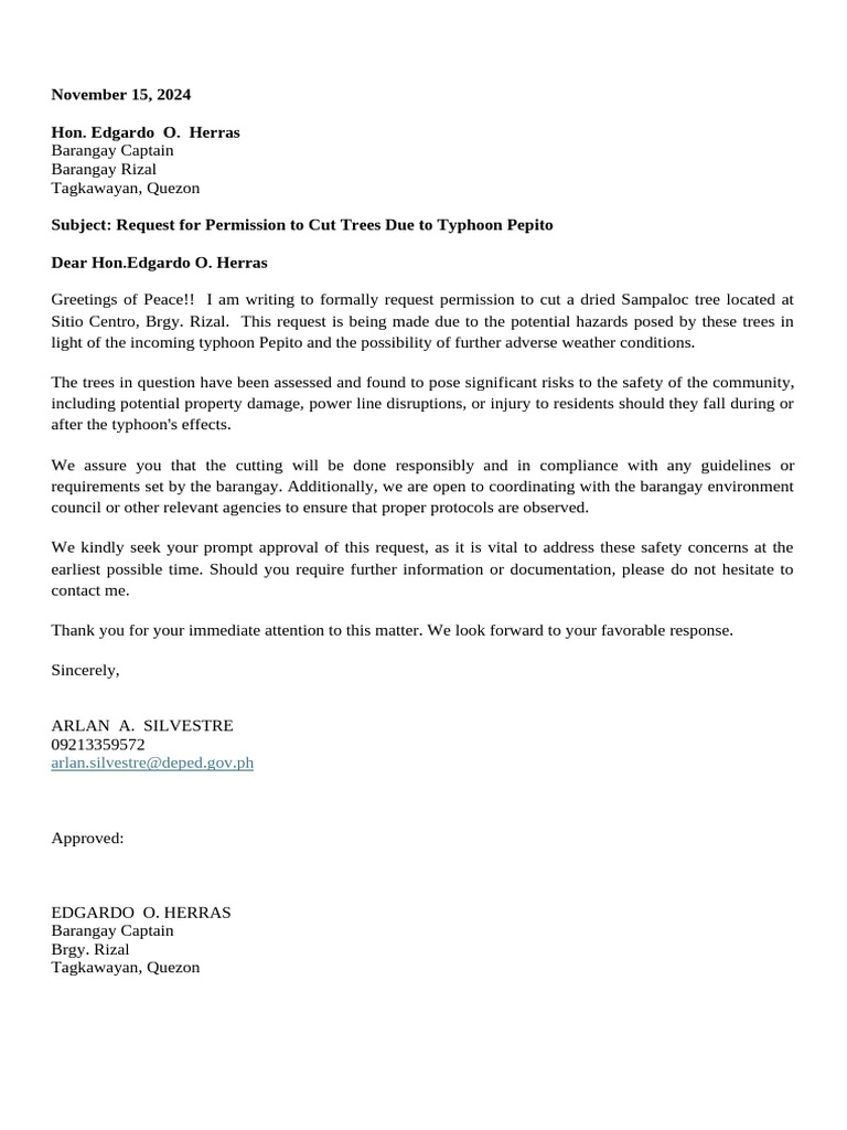 Tree Cutting Request Due to Typhoon | PDF