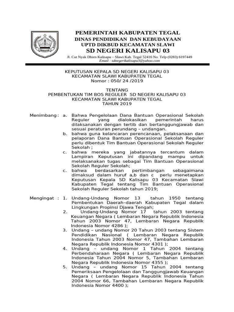 Pembentukan Tim BOS SD Kalisapu 2019 | PDF