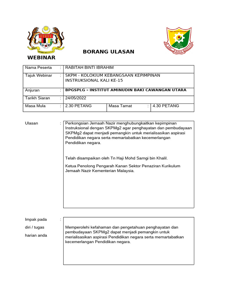 BORANG ULASAN WEBINAR 1 | PDF
