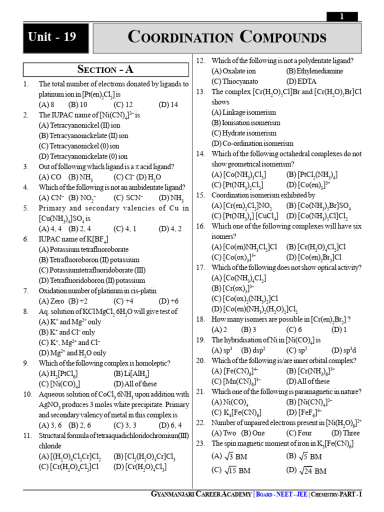 coordination mcq | PDF | Coordination Complex | Ligand