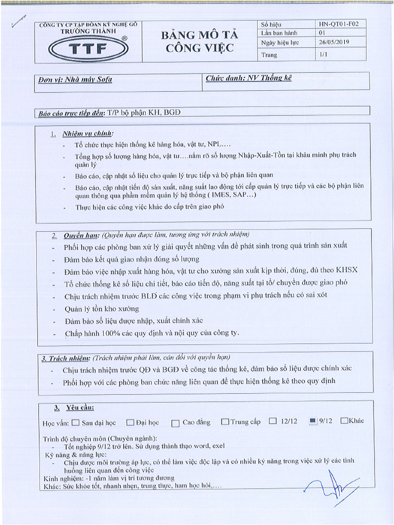16. MTCV Nhan Vien Thong Ke | PDF
