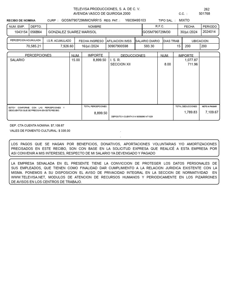 Recibo 262 2024014 1043154 | PDF | Sueldos y salarios | Relaciones laborales