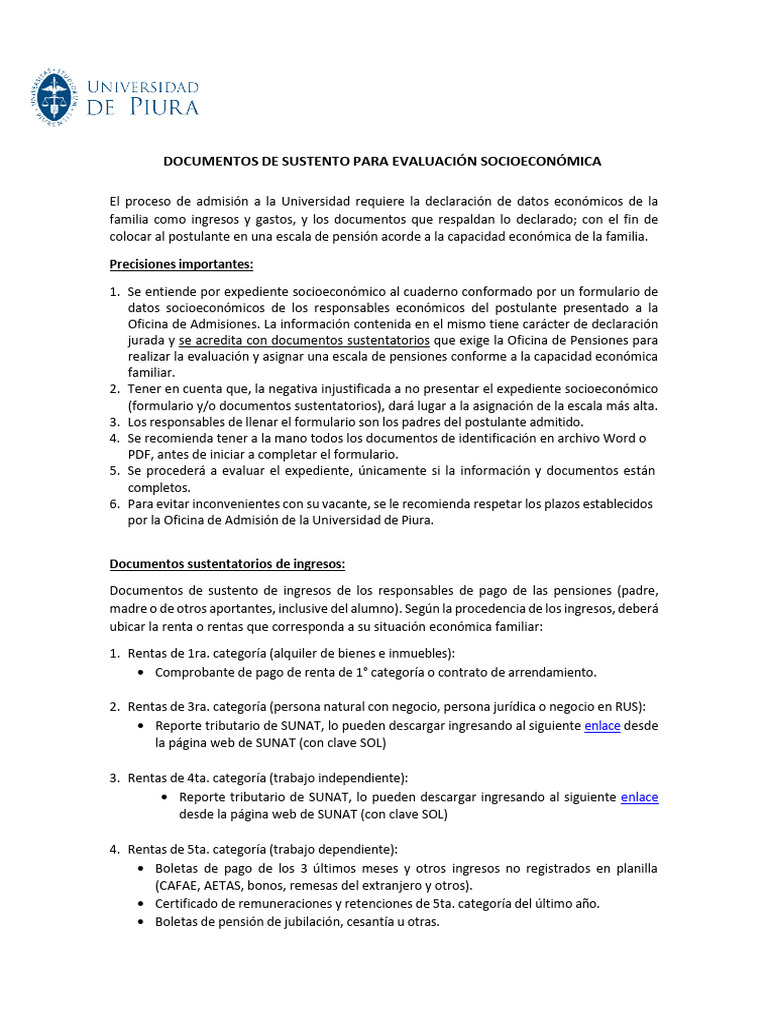 Documentos de Sustento para Expediente Socioeconomico - 2025 I | PDF