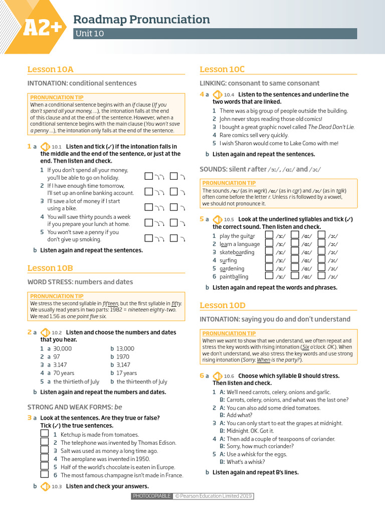 ROADMAP A2+ Pronunciation Worksheet Unit | PDF | Stress (Linguistics ...