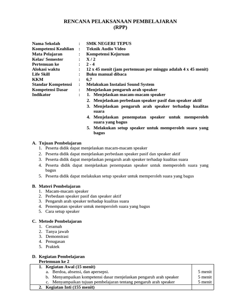 RPP KD2 Melakukan instalasi Sound System | PDF