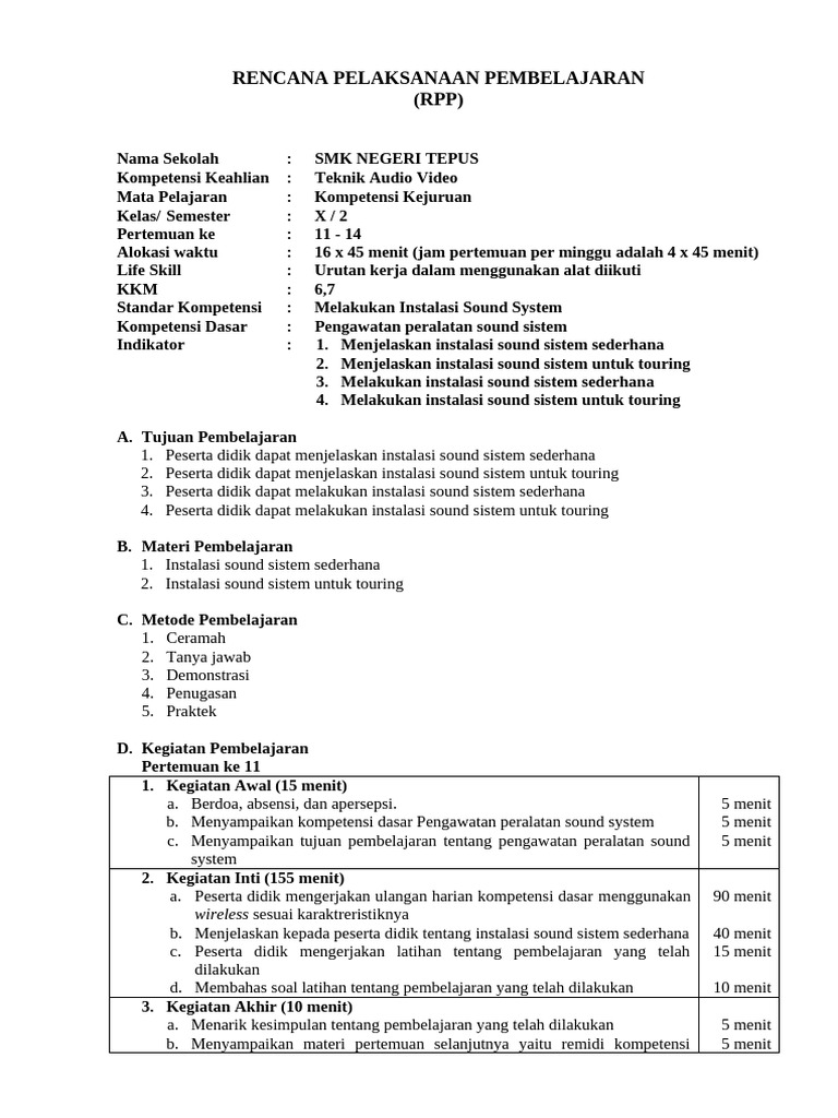 RPP KD5 Melakukan Instalasi Sound System | PDF