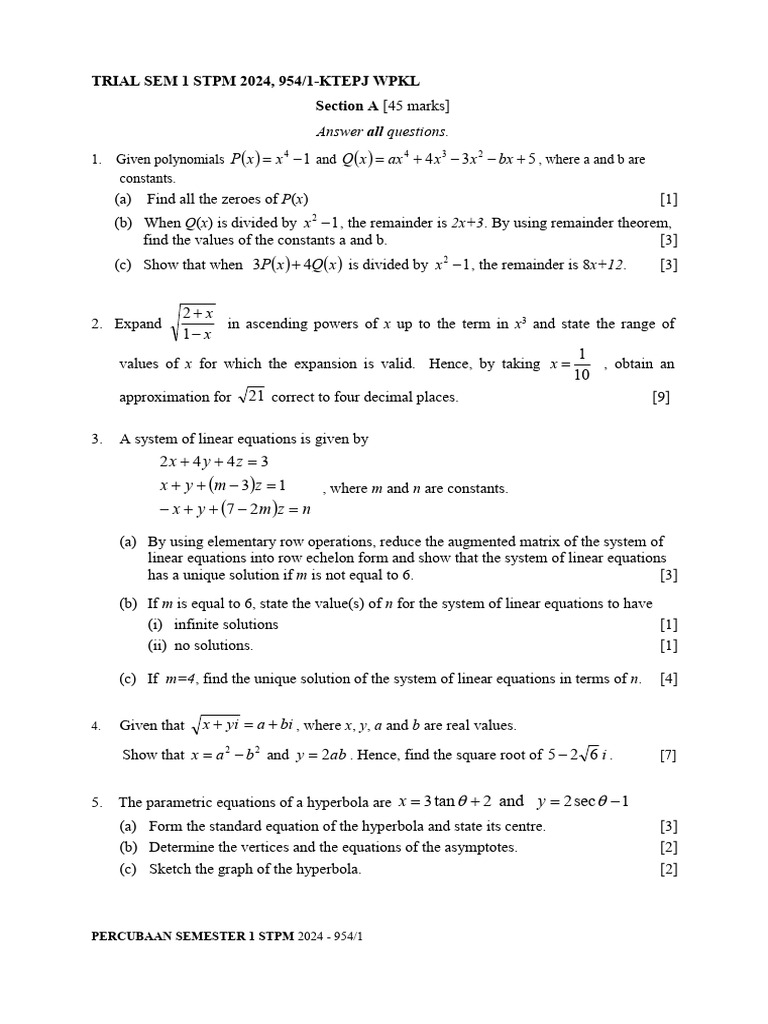 KTEPJ WPKL Q TRIAL SEM 1 STPM 2024 | PDF | Equations | System Of Linear ...