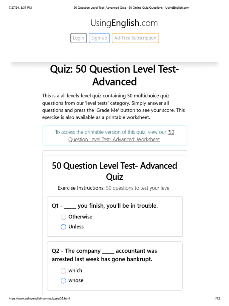Advanced English Level Test Quiz | PDF