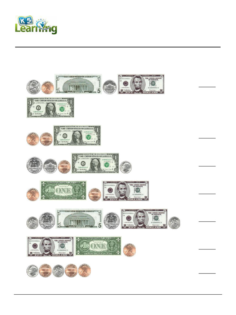 Grade 2 Counting Money Four Coins Plus One Five Dollar e | PDF