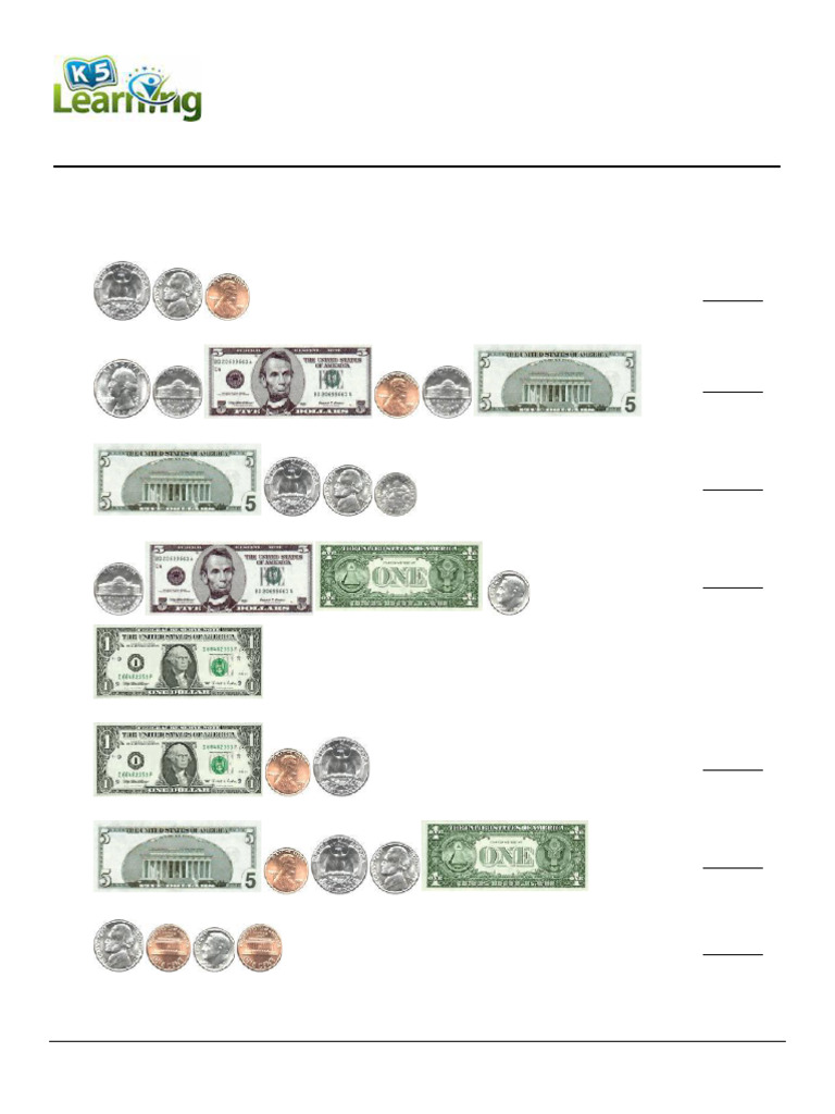 Grade 2 Counting Money Four Coins Plus One Five Dollar D | PDF