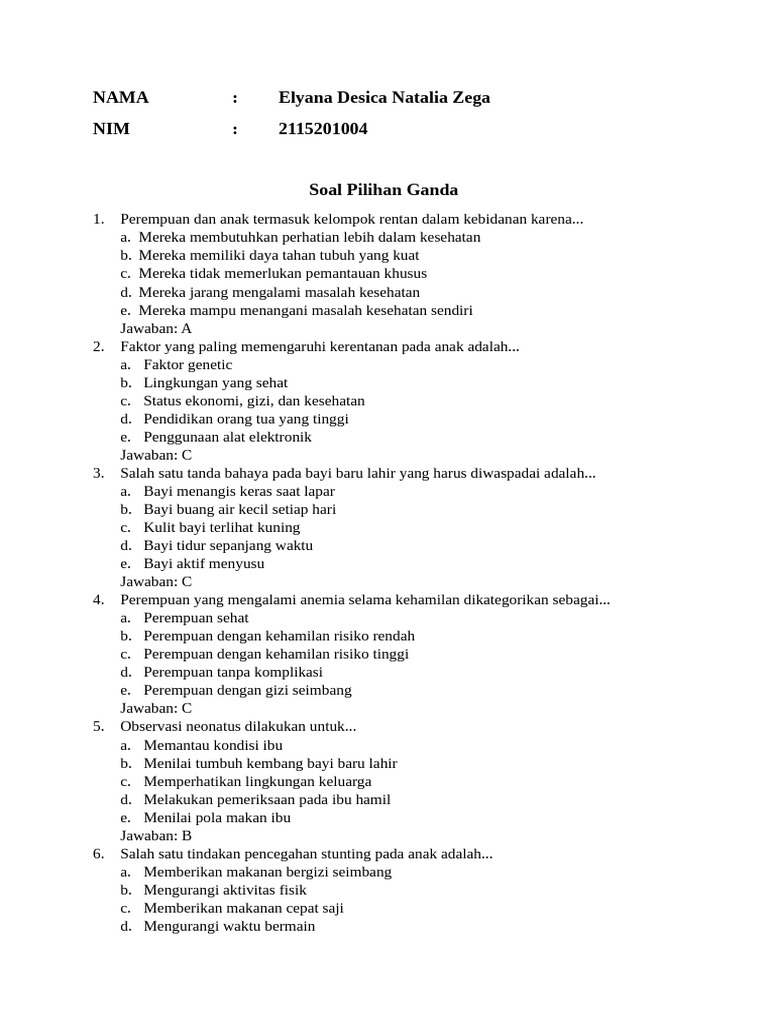 Elyana - Soal Pilihan Ganda Askeb Perempuan Dan Anak Kondisi Rentan | PDF