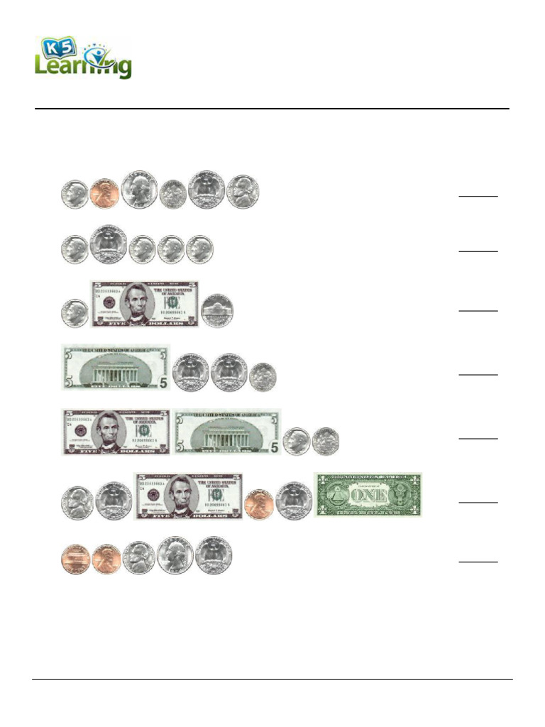 Grade 2 Counting Money Four Coins Plus One Five Dollar F | PDF