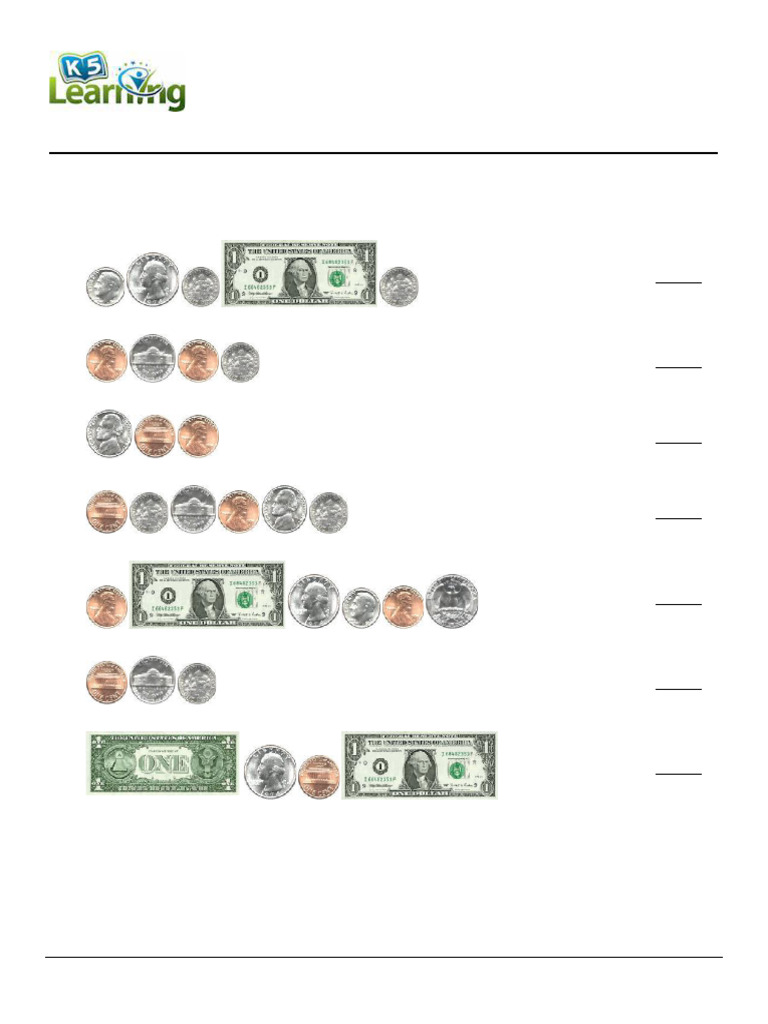 Grade 2 Counting Money Four Coins Plus One Dollar C | PDF