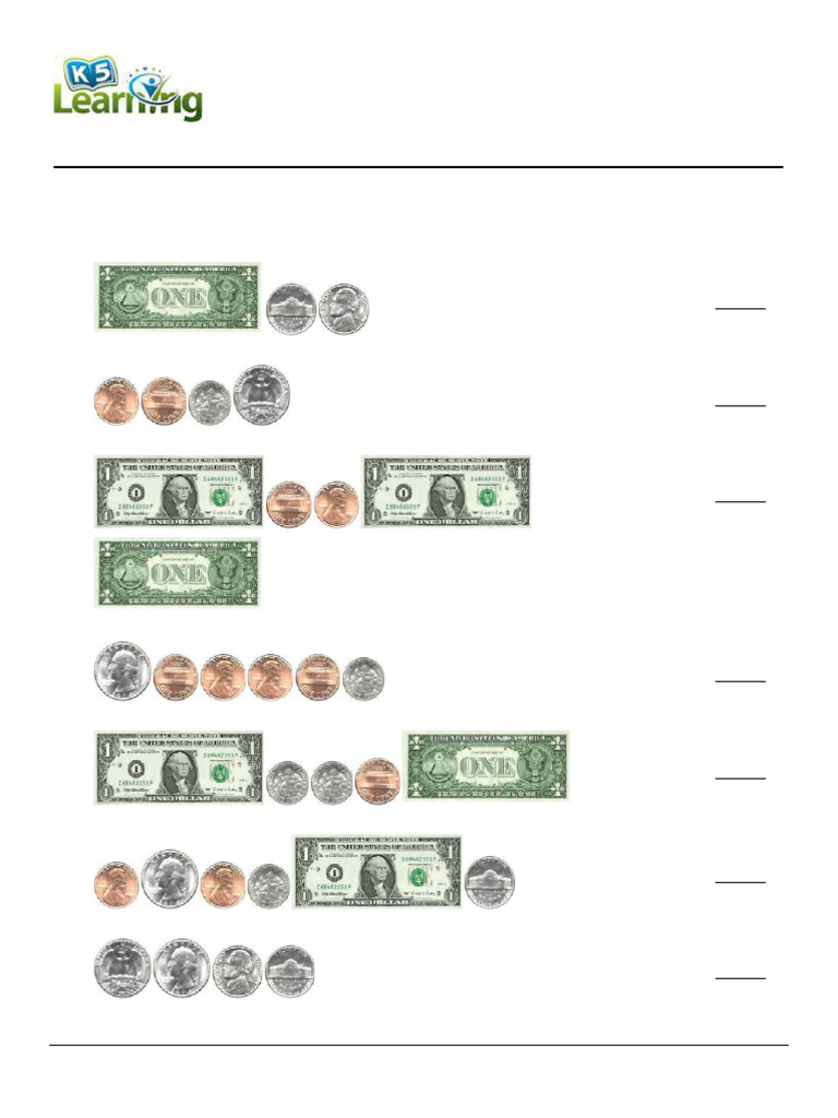 Grade 2 Counting Money Four Coins Plus One Dollar e | PDF