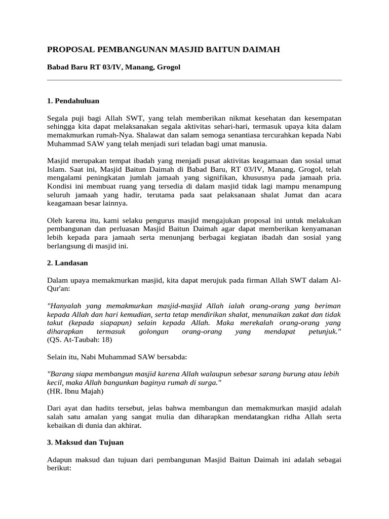 Proposal Pembangunan Masjid Baitun Daimah | PDF