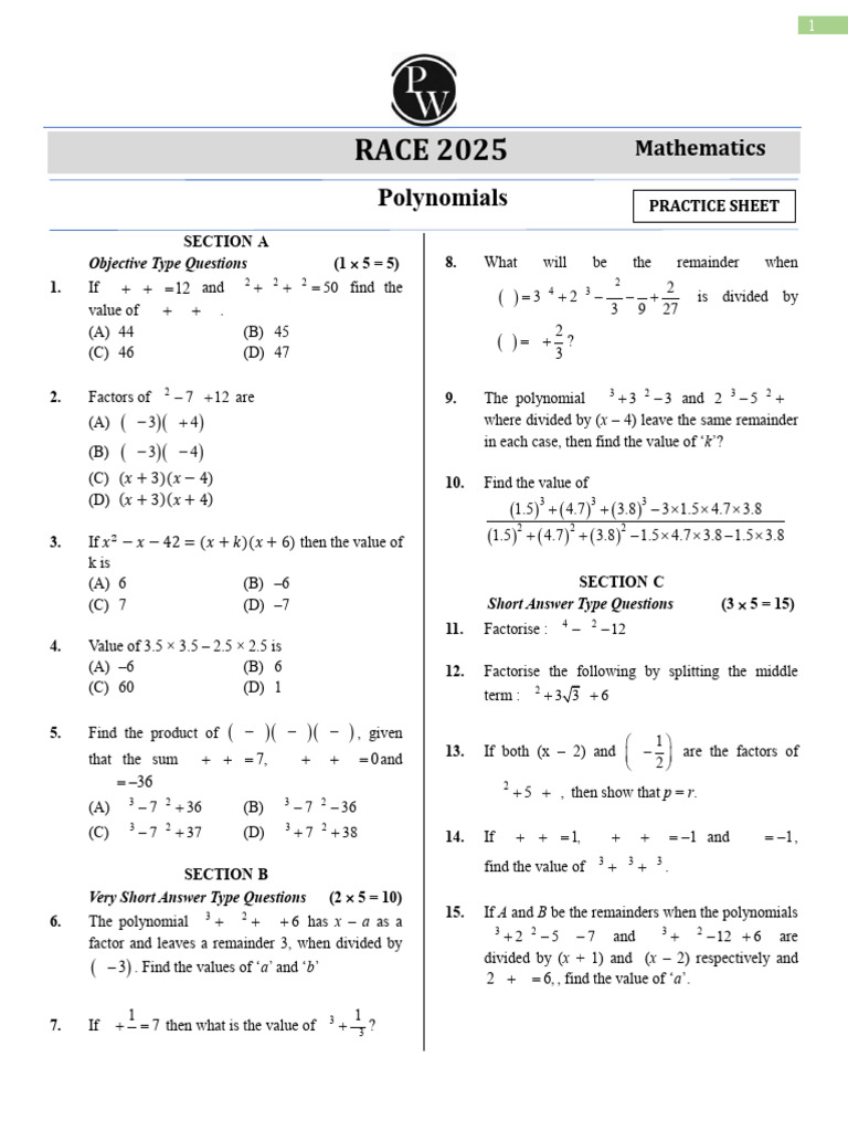 Polynomials - Practice Sheet - RACE 2025 | PDF | Factorization | Elementary Mathematics