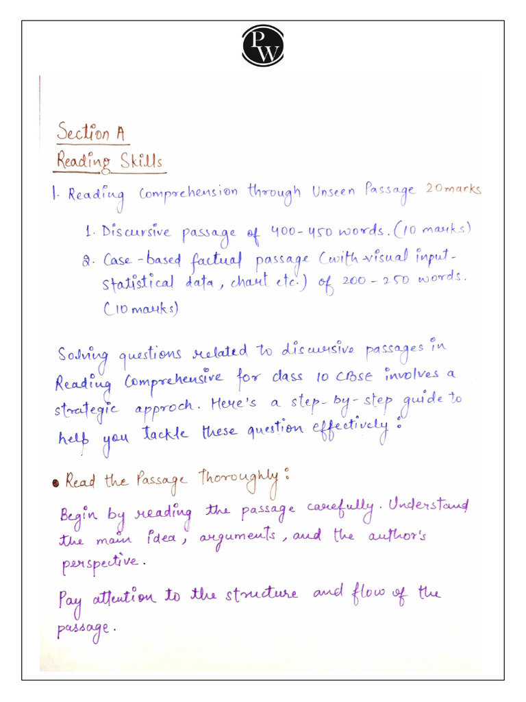 Reading Section Comprehension Short Notes WARRIOR SERIES CLASS 10TH | PDF