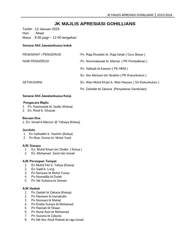AJK Majlis Apresiasi Akademik Dan Graduasi Pra Sekolah 2024 | PDF