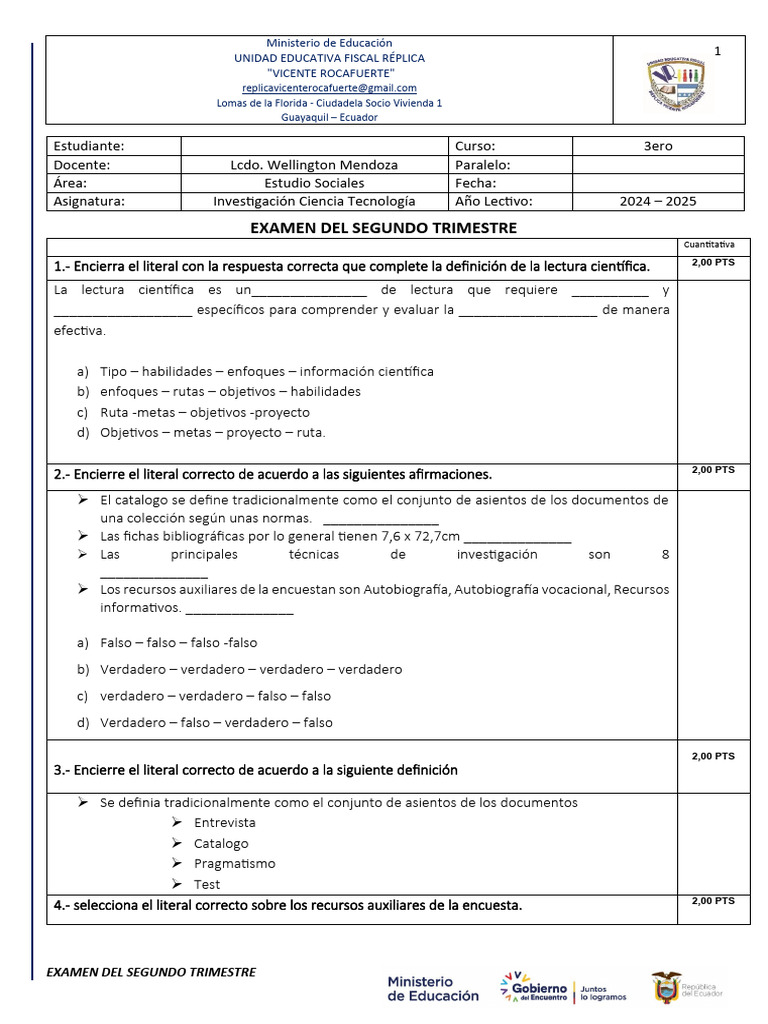 EXAMEN DEL SEGUNDO TRIMESTRE DE INVESTIGACION 2024 | PDF | Cognición | Science