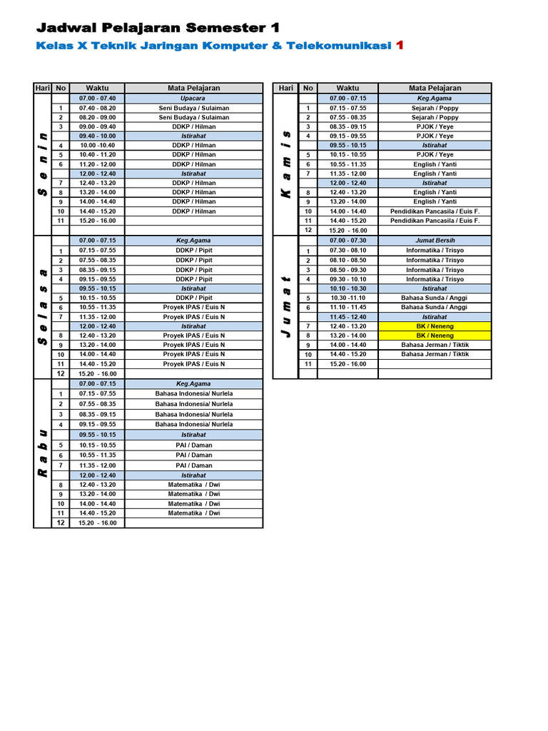 X TJKT 1 - Jadwal Pelajaran - SMT 1 TP 2024-2025 | PDF