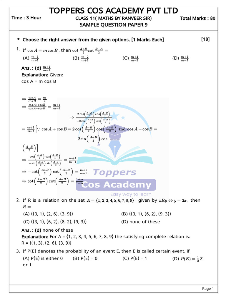 Class 11 Maths Sample Paper | PDF | Geometry | Mathematical Objects