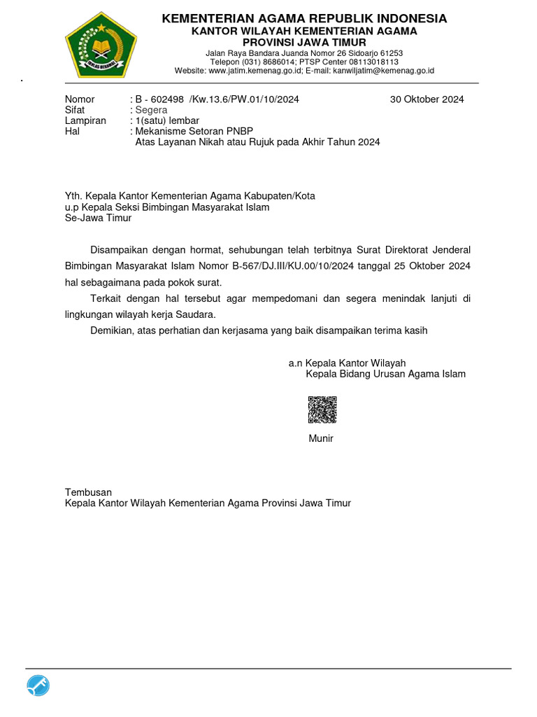 Surat Pengantar Mekanisme Setoran PNBP Atas Layanan Nikah Atau Rujuk ...