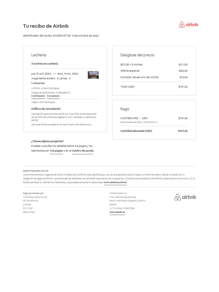 Tu Recibo de Airbnb: Desglose Del Precio Lechería | PDF | Airbnb