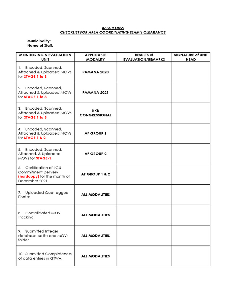 Clearance MOV Checklist FINAL | PDF