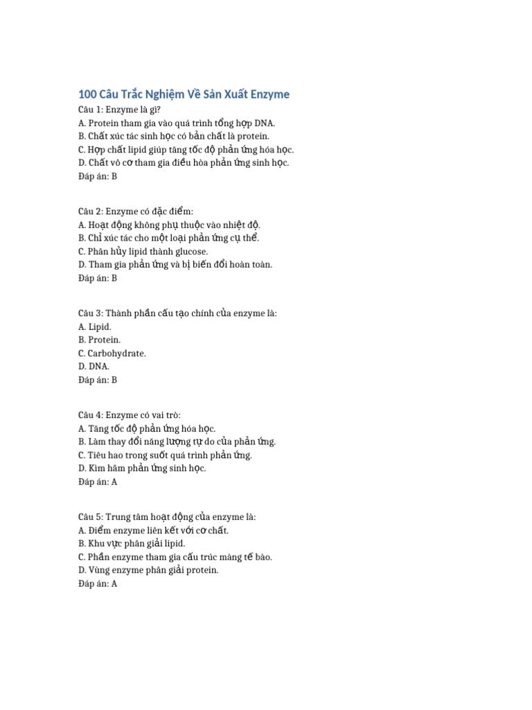 100 Cau Trac Nghiem Sinh Hoc 10 | PDF