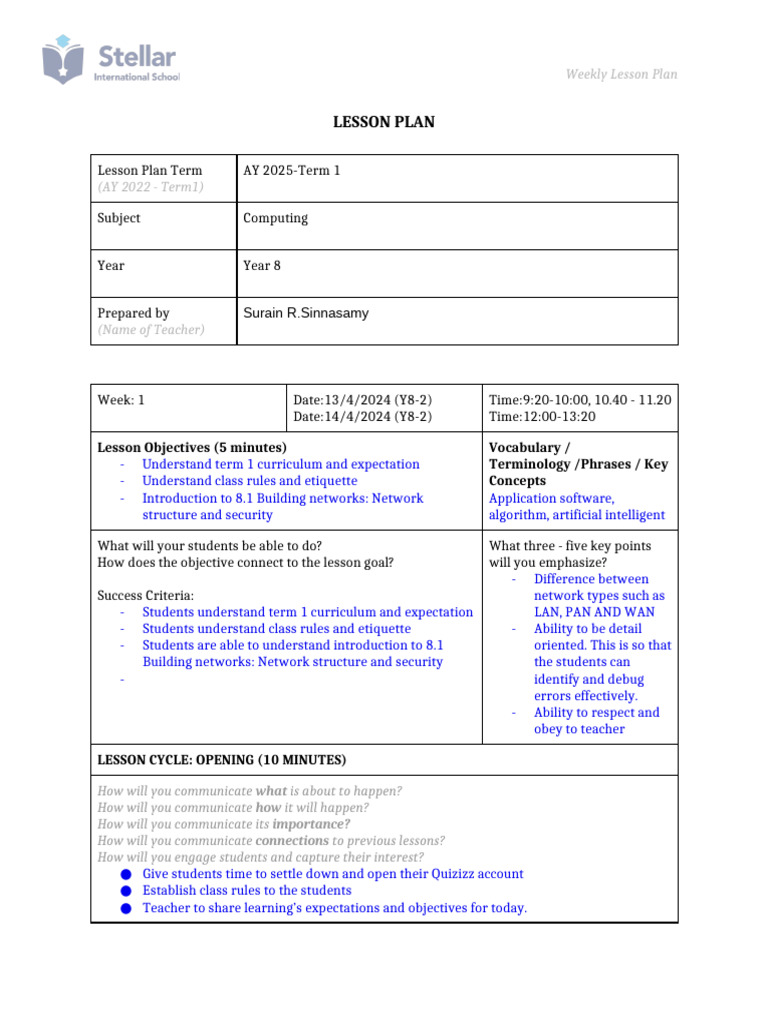 AY2025 - Term1 - Computing - Y8 - Week 1 | PDF | Lesson Plan | Pedagogy