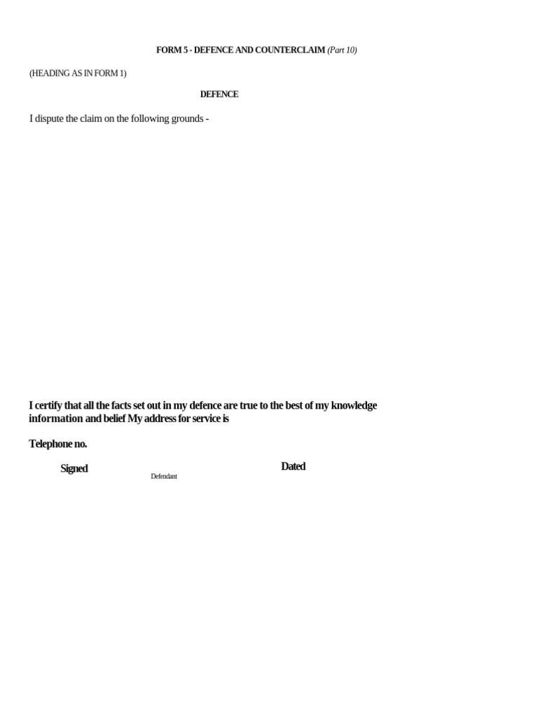 Defence and Counterclaim Form 5 Guide | PDF | Public Law | Common Law