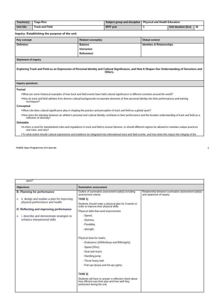 Unit 1 - Track and field Unit Plan 2024-2025 | PDF | Communication ...