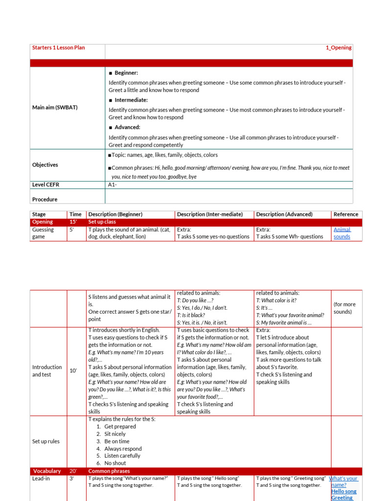 S1_L1_Lesson Plan | PDF | Cognition | Linguistics