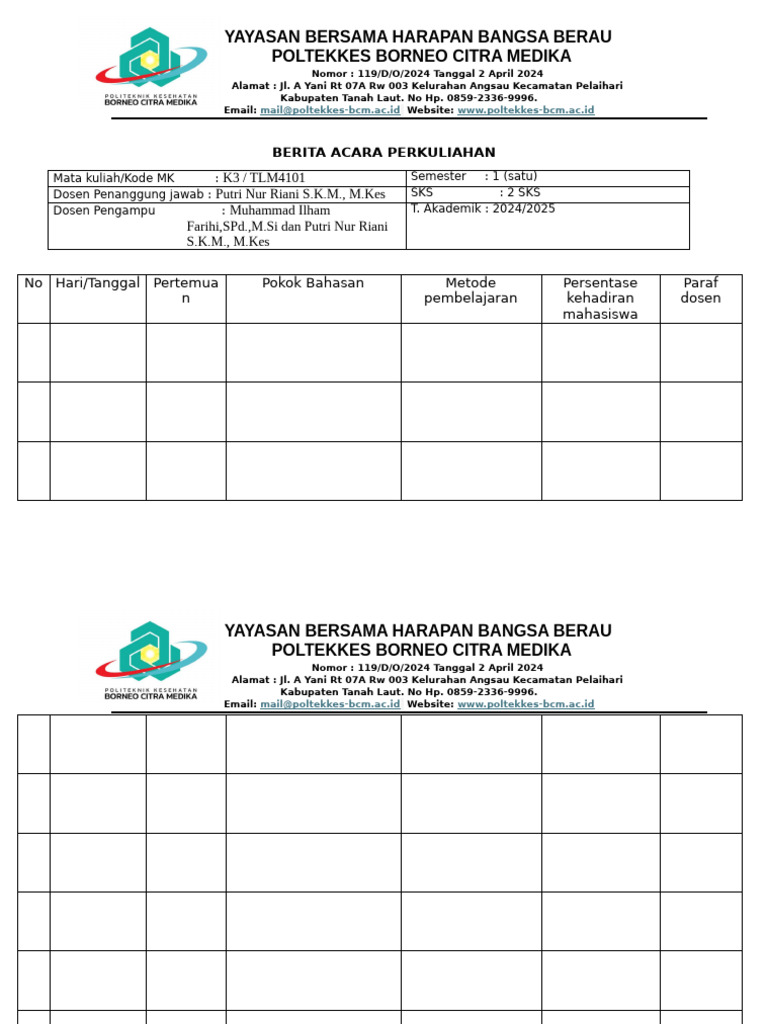 BERITA ACARA PERKULIAHAN_K3 | PDF
