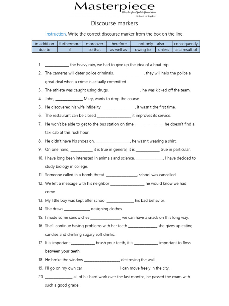 Discourse Markers Exercise Worksheet | PDF