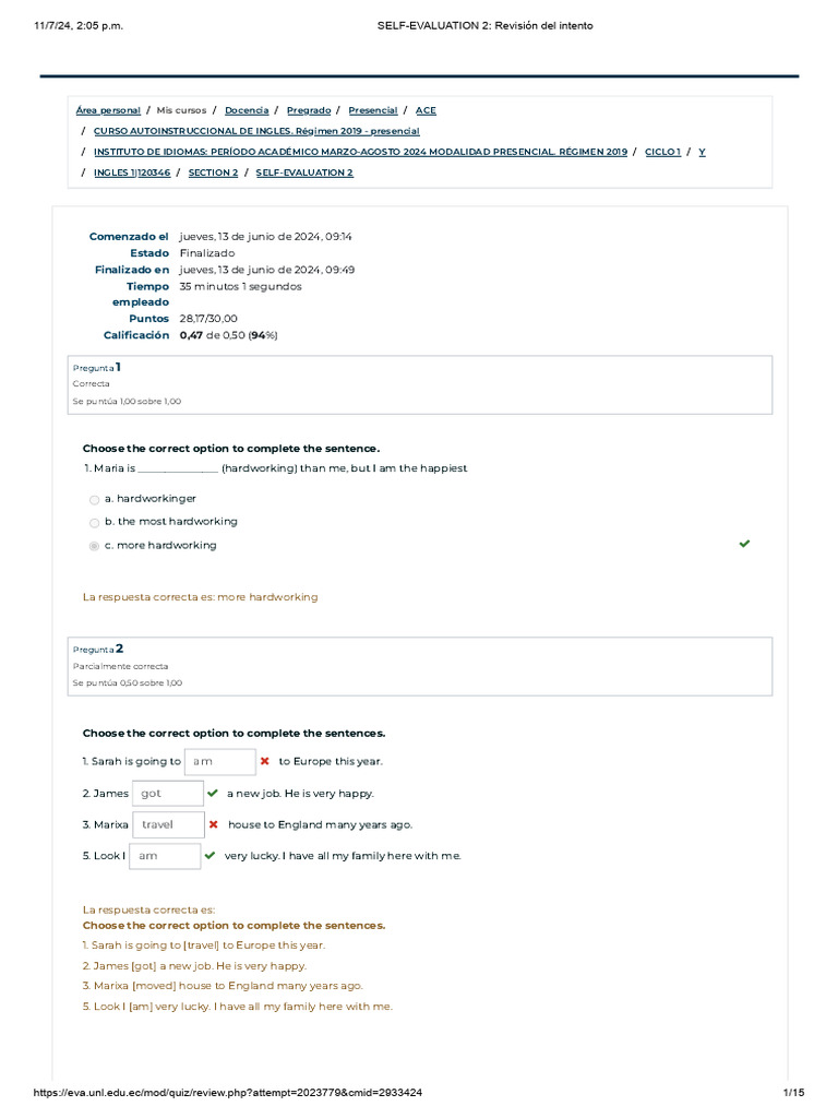 SELF-EVALUATION 2 - Revisión Del Intento | PDF | Meal | Lunch