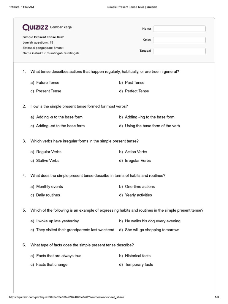 Simple Present Tense Quiz - Quizizz | PDF | Grammatical Tense | Verb