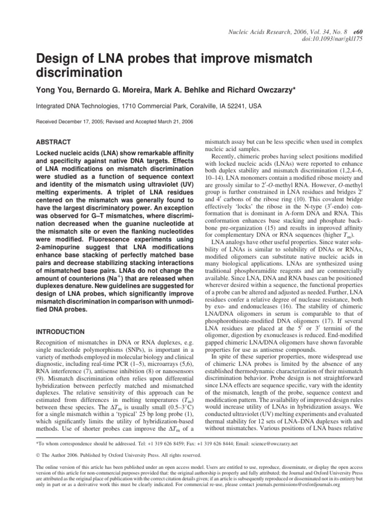 Design of LNA Probes That Improve Mismatch Discrimination | PDF | Nucleic Acid Thermodynamics | Dna