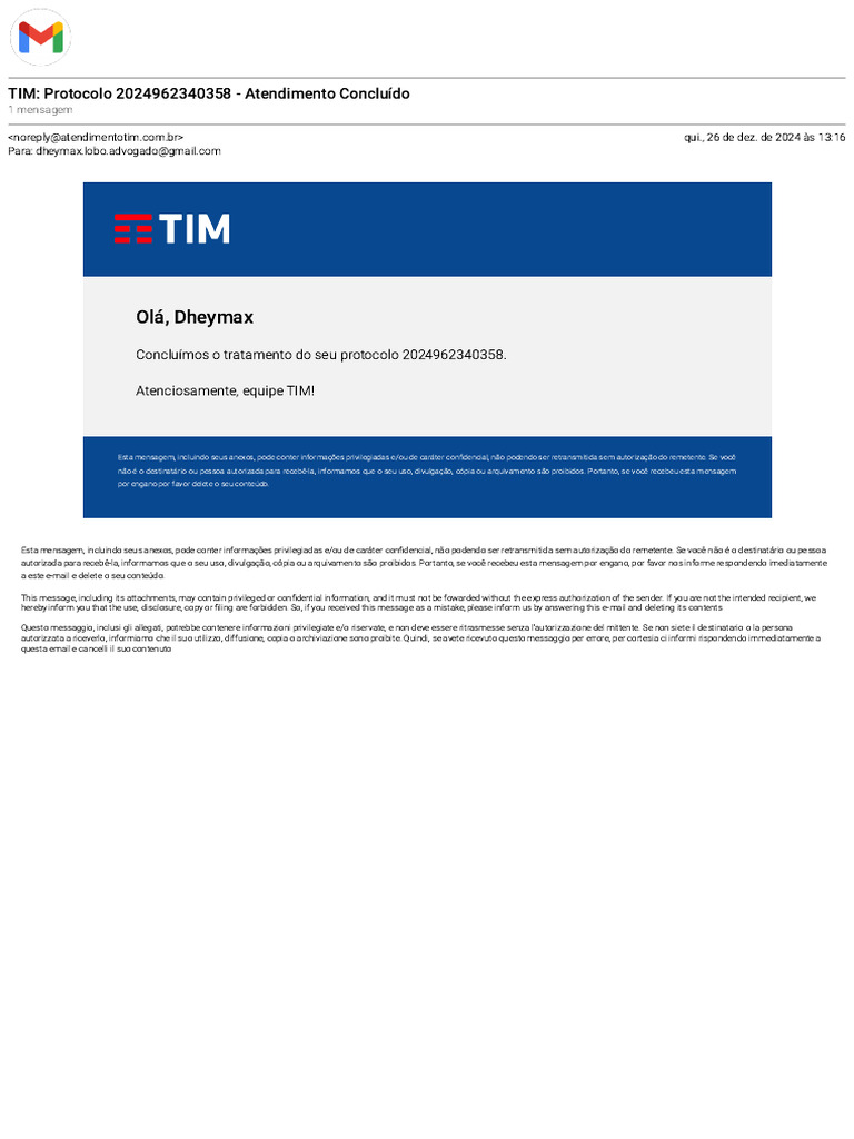Gmail - TIM_ Protocolo 2024962340358 - Atendimento Concluído | PDF