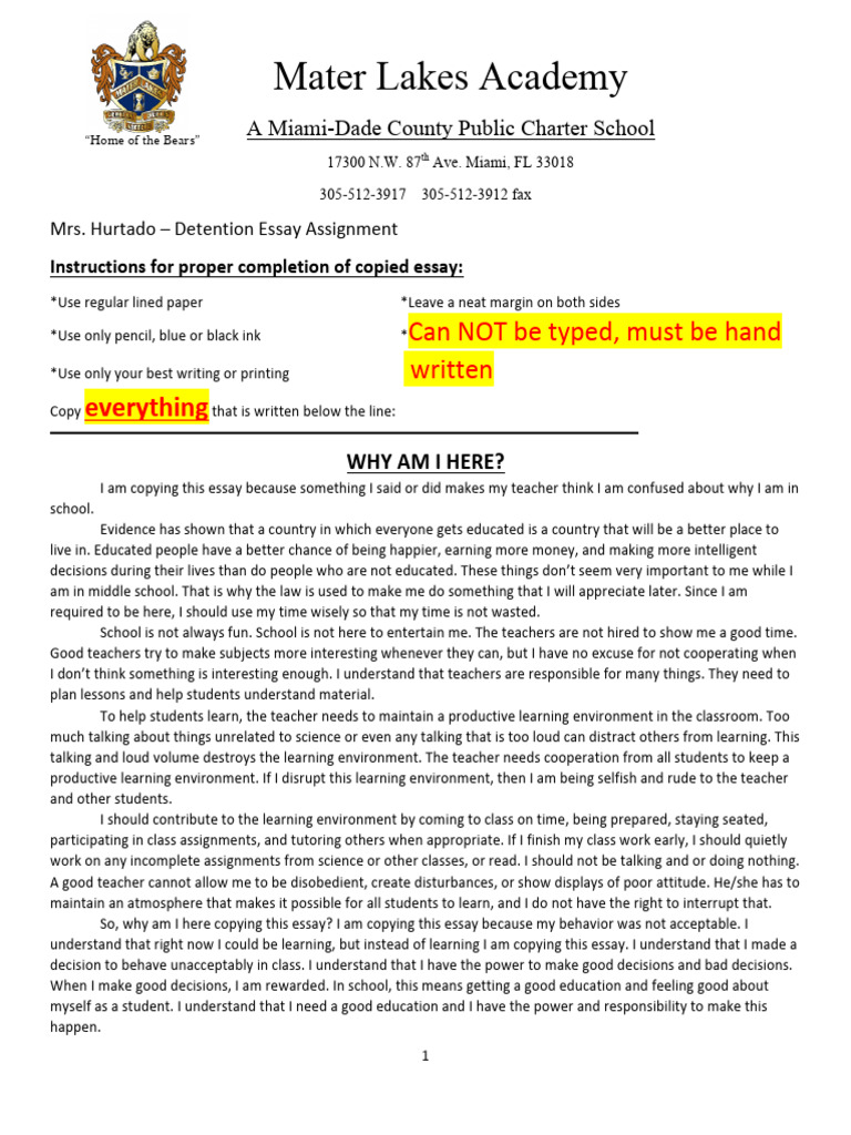 Detention Essay Instructions for Students | PDF | Teachers | Cognition