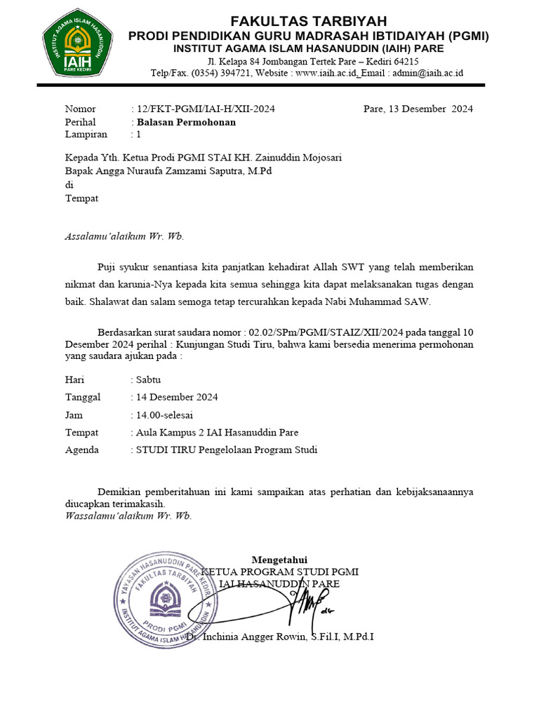 Surat Balasan Kegiatan (Studi Tiru) | PDF