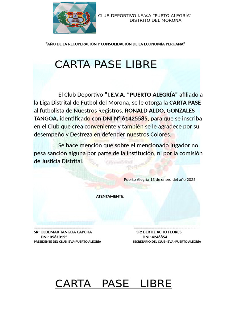 Carta Pase Libre de Jugadores | PDF