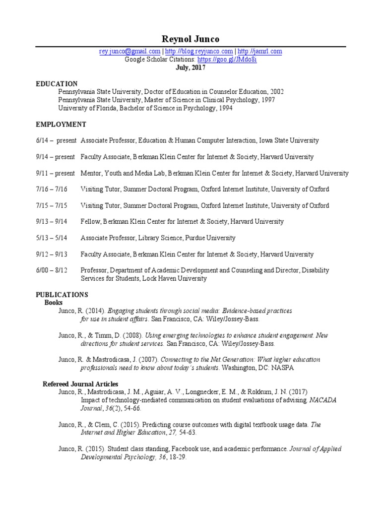 Dr. Reynol Junco's CV | PDF | Social Media | Popular Culture & Media ...