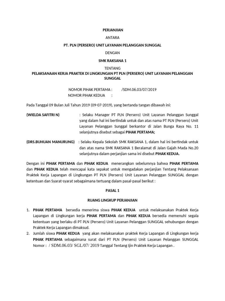 Format Perjanjian PKL - Raksana 1 | PDF