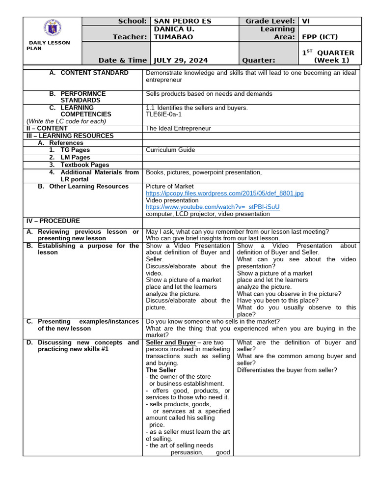 Dlp Epp Ict Day 1 Week 1 Pdf Sales Procurement