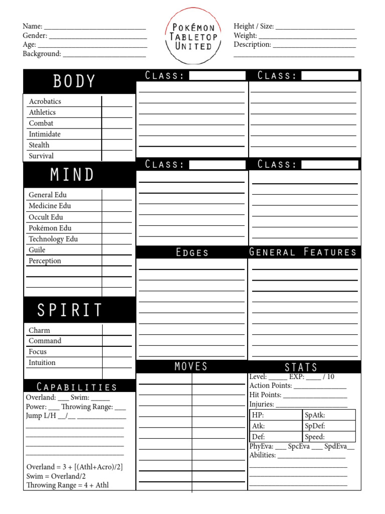 PTU 1.05 Trainer Sheet-1 | PDF | Gaming | Role Playing Games