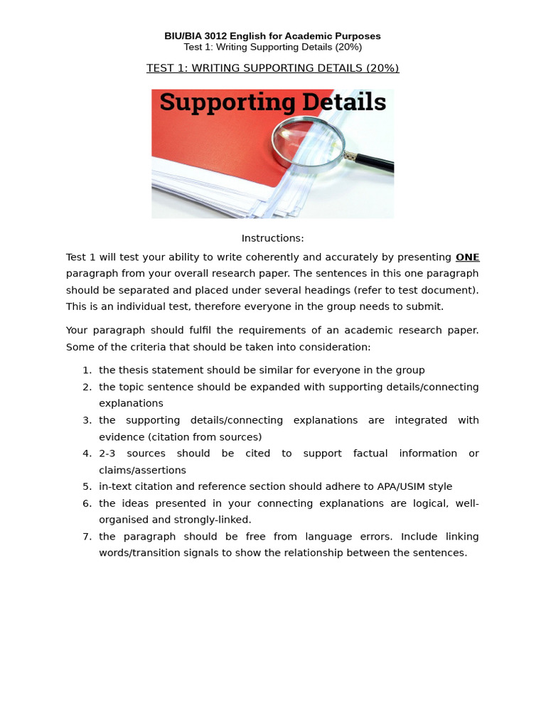 Test 1 - Writing Supporting Details Instruction (2) | PDF | Citation