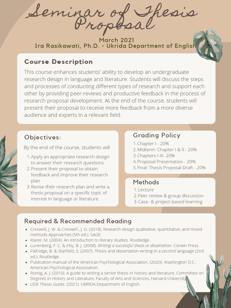 Seminar of Thesis Proposal 2021 Course Outline | PDF | Thesis | Peer Review